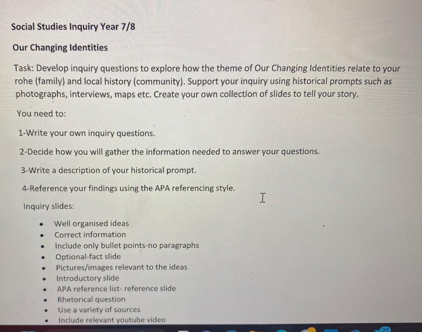 Solved Our Changing Identities Task: Develop inquiry | Chegg.com