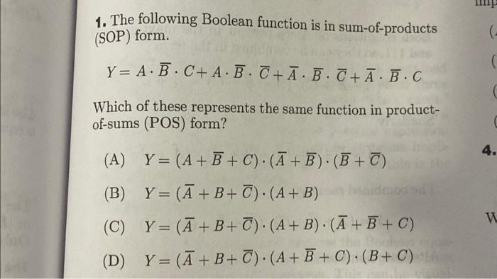 Solved 1. The following Boolean function is in | Chegg.com