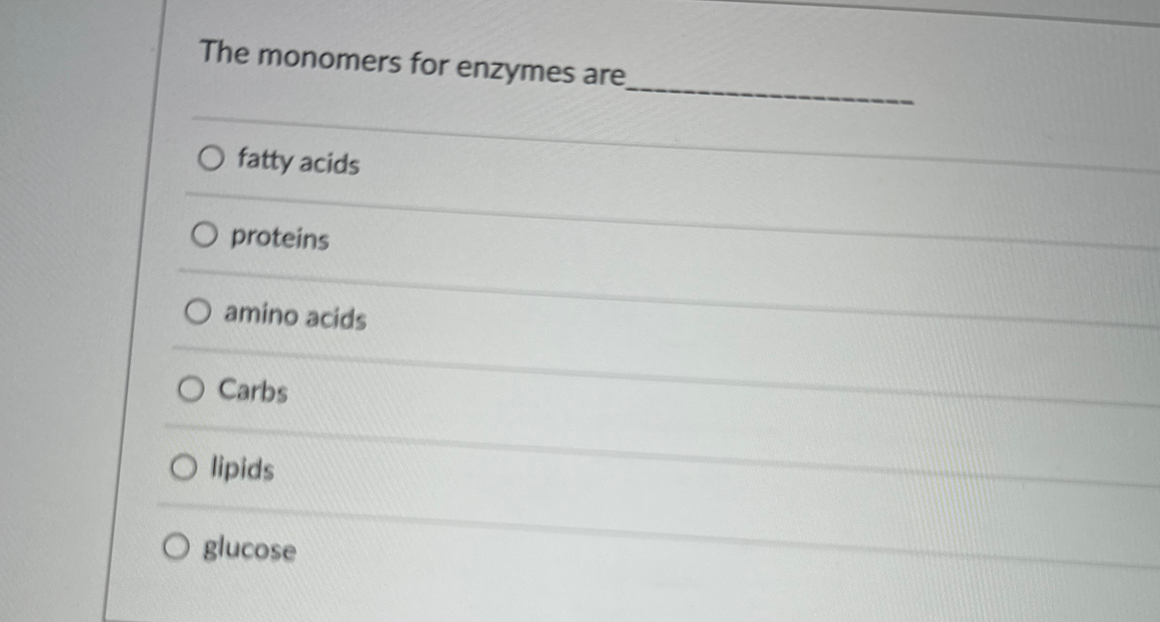 Solved The monomers for enzymes are. q, ﻿fatty | Chegg.com
