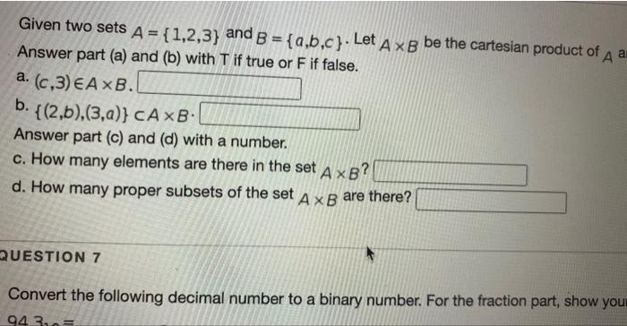 Solved . Given two sets A = {1,2,3) and B = {a,b,c}. Let AxB | Chegg.com