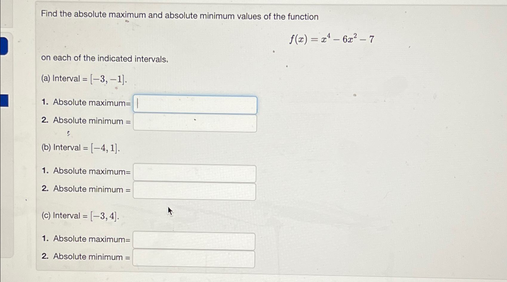 Solved Find the absolute maximum and absolute minimum values | Chegg.com
