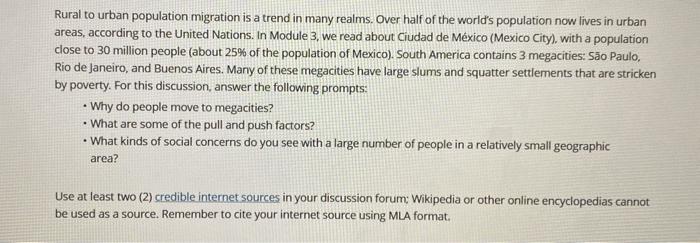 Solved Rural to urban population migration is a trend in | Chegg.com