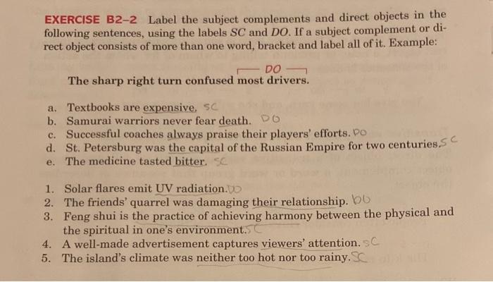 EXERCISE B2-2 Label the subject complements and | Chegg.com
