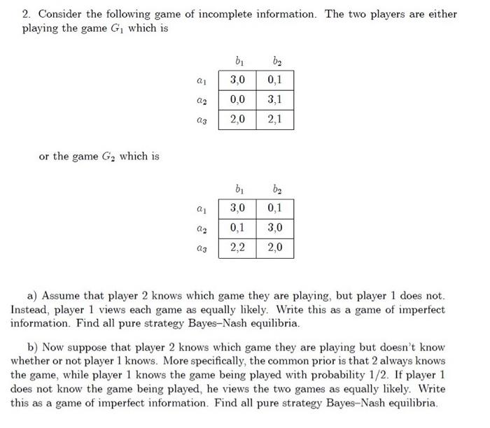 2. Consider the following game of incomplete | Chegg.com