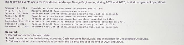 Solved The following events occur for Providence Landscape | Chegg.com