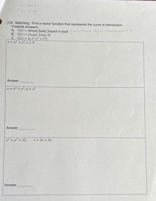 Solved (1)4. Matching. Find a vector function that | Chegg.com
