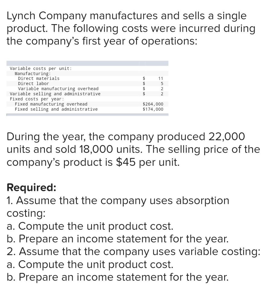 Solved Lynch Company manufactures and sells a single | Chegg.com