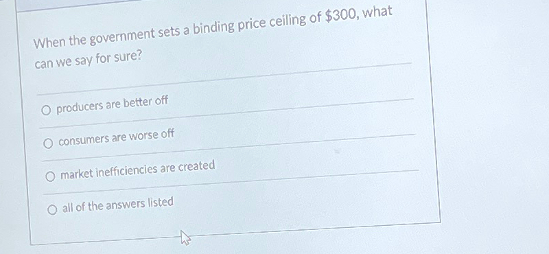 Solved When the government sets a binding price ceiling of | Chegg.com