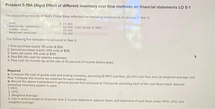Solved Problem 5-19A (Algo) Effect of different inventory | Chegg.com