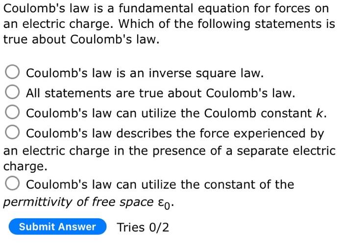 Solved Coulomb's law is a fundamental equation for forces on | Chegg.com