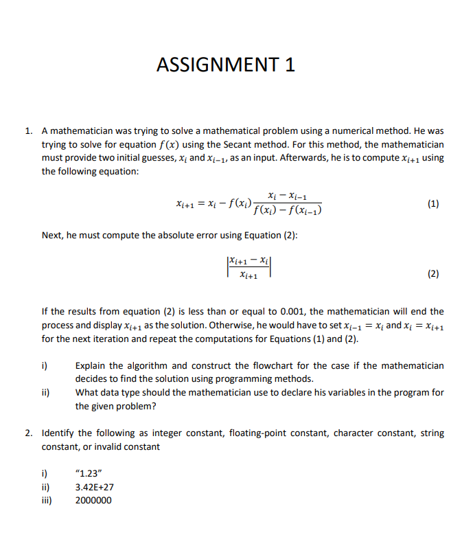 ASSIGNMENT 1A mathematician was trying to solve a | Chegg.com