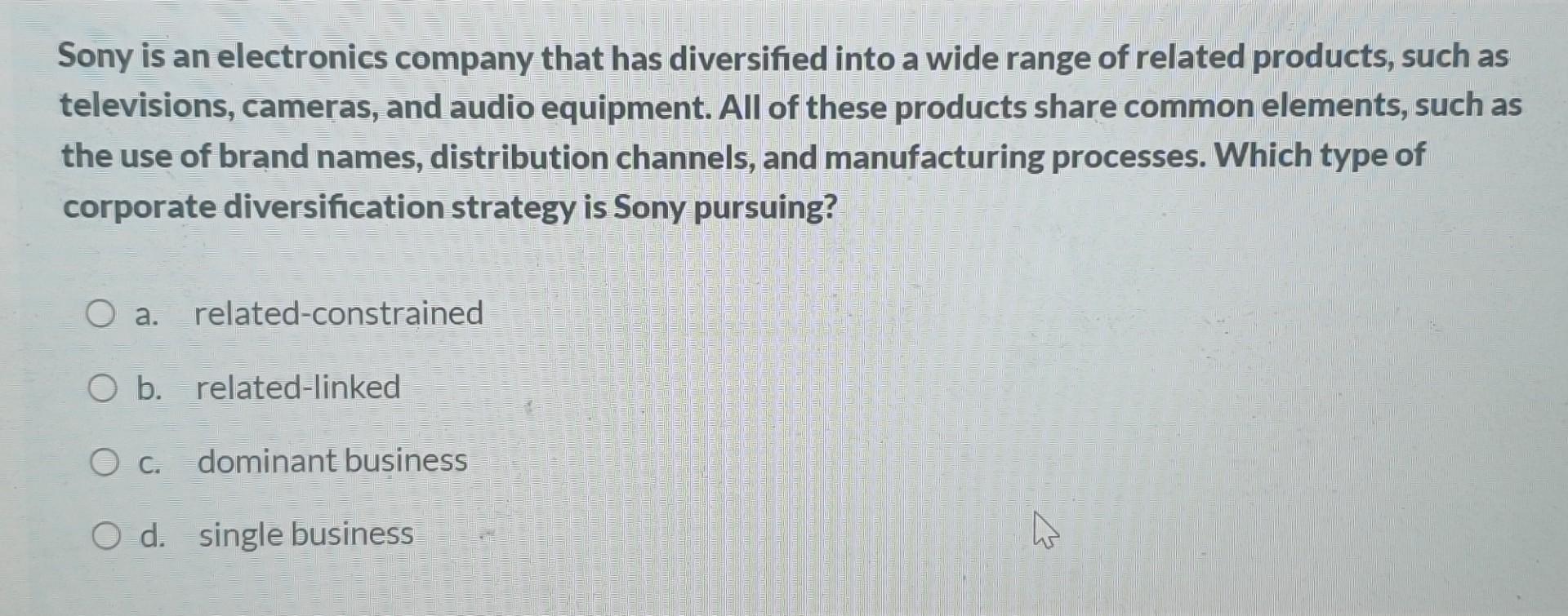 Solved Sony is an electronics company that has diversified | Chegg.com