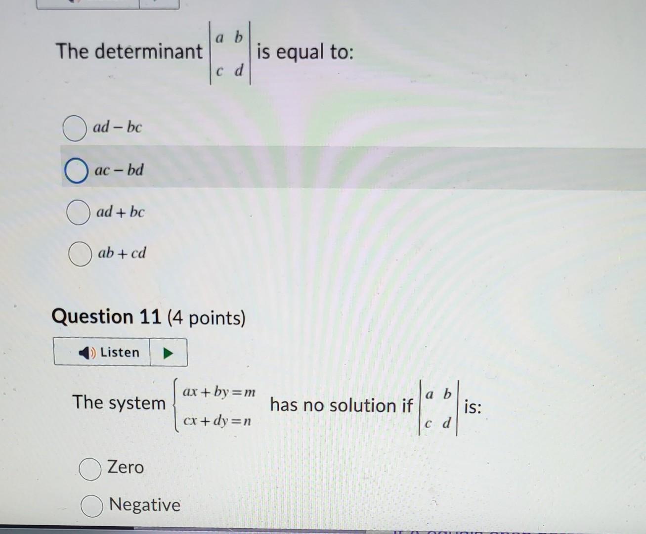 Solved The determinant ∣∣acbd∣∣ is equal to: | Chegg.com