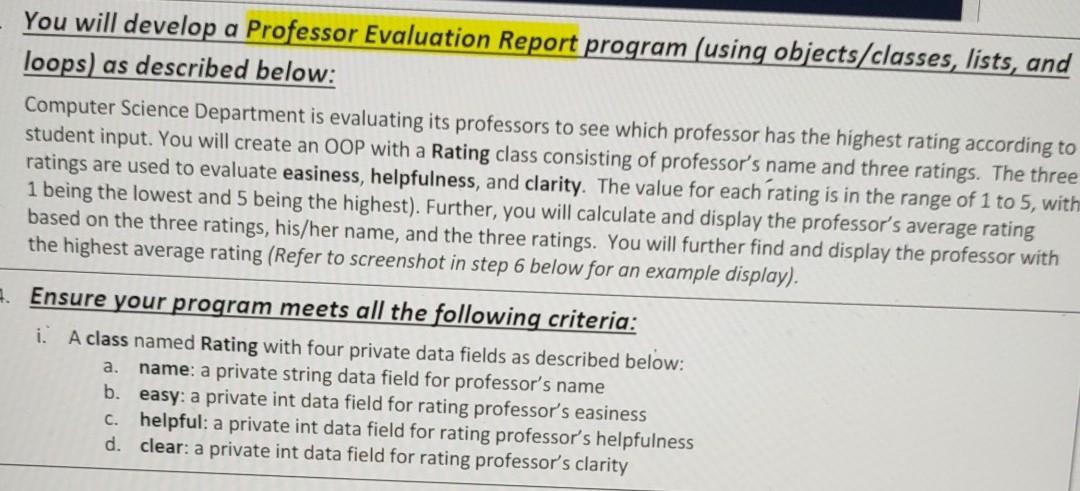 Solved You will develop a Professor Evaluation Report | Chegg.com