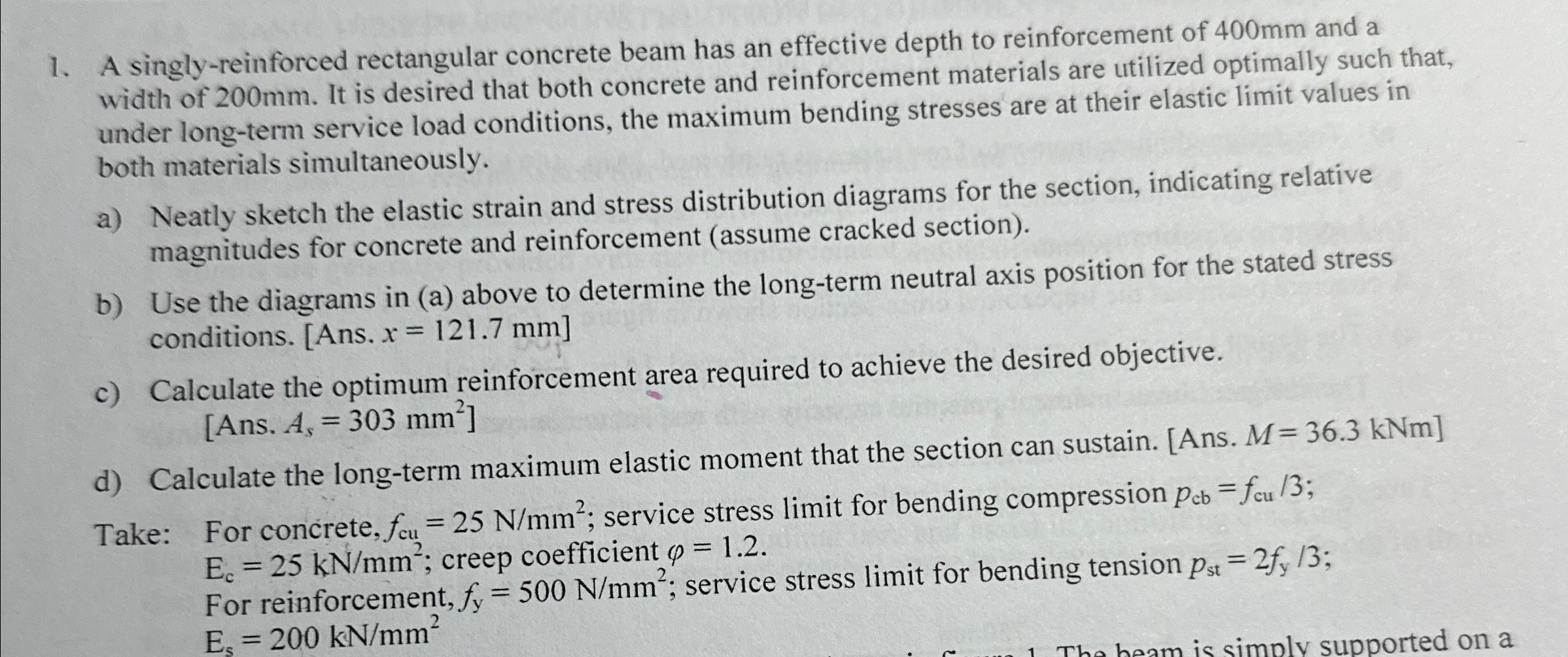 Solved A singly-reinforced rectangular concrete beam has an | Chegg.com
