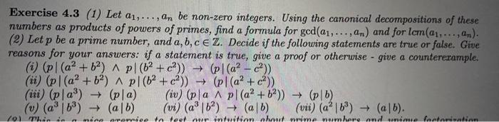 Solved Exercise 4.3 (1) Let a1,…,an be non-zero integers. | Chegg.com