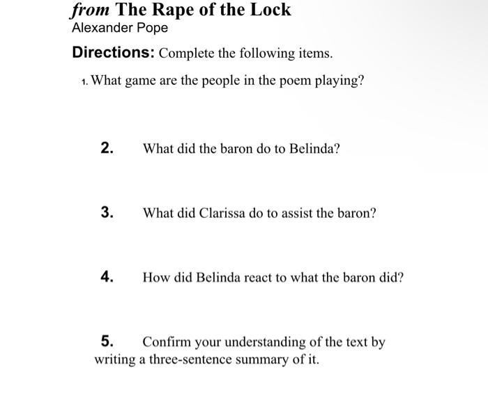 Solved from The Rape of the Lock Alexander Pope Directions: | Chegg.com