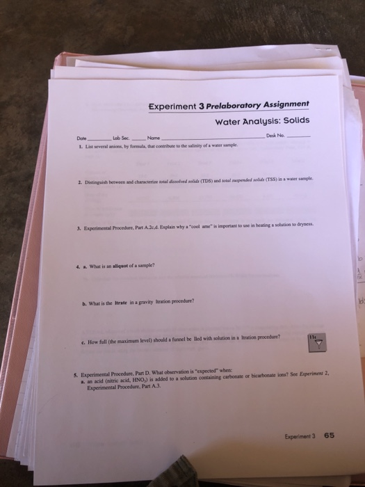 Experiment 3 Prelaboratory Assignment Water Analysis: | Chegg.com