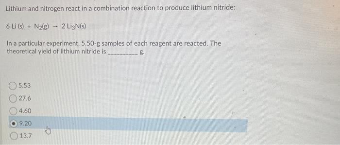 Solved Lithium and nitrogen react in a combination reaction | Chegg.com