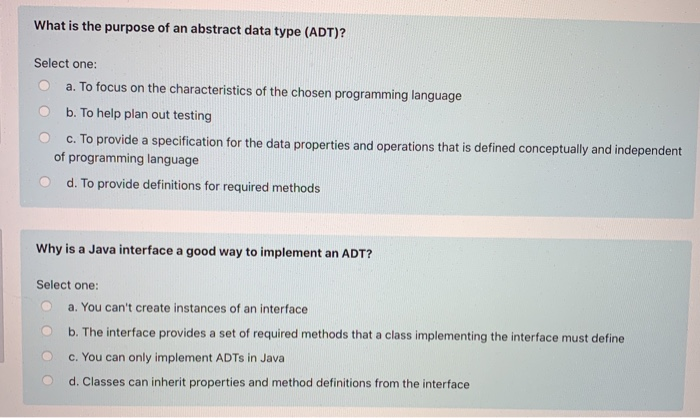 Solved What is the purpose of an abstract data type (ADT)? | Chegg.com