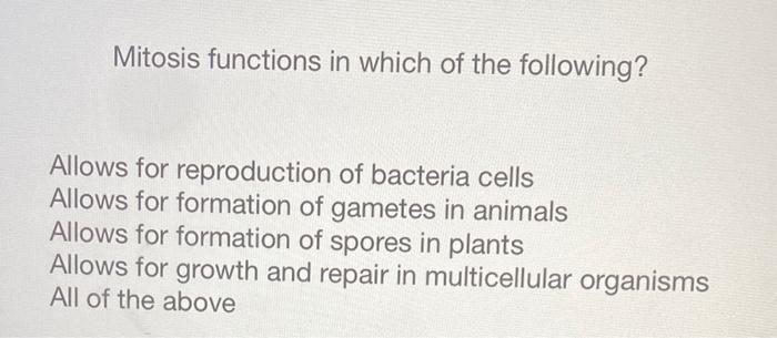 Solved Mitosis functions in which of the following? Allows | Chegg.com