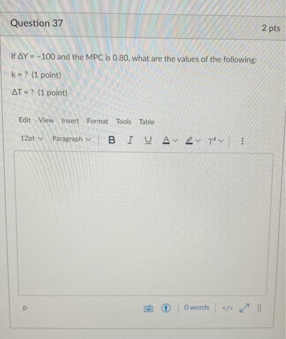 Solved If Y=100 and the MPC is 0.80, what are the values of | Chegg.com