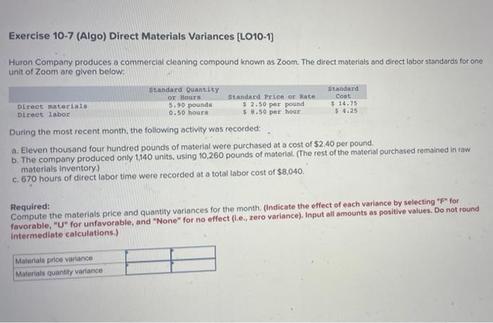 Solved Exercise 10-7 (Algo) Direct Materials Variances | Chegg.com