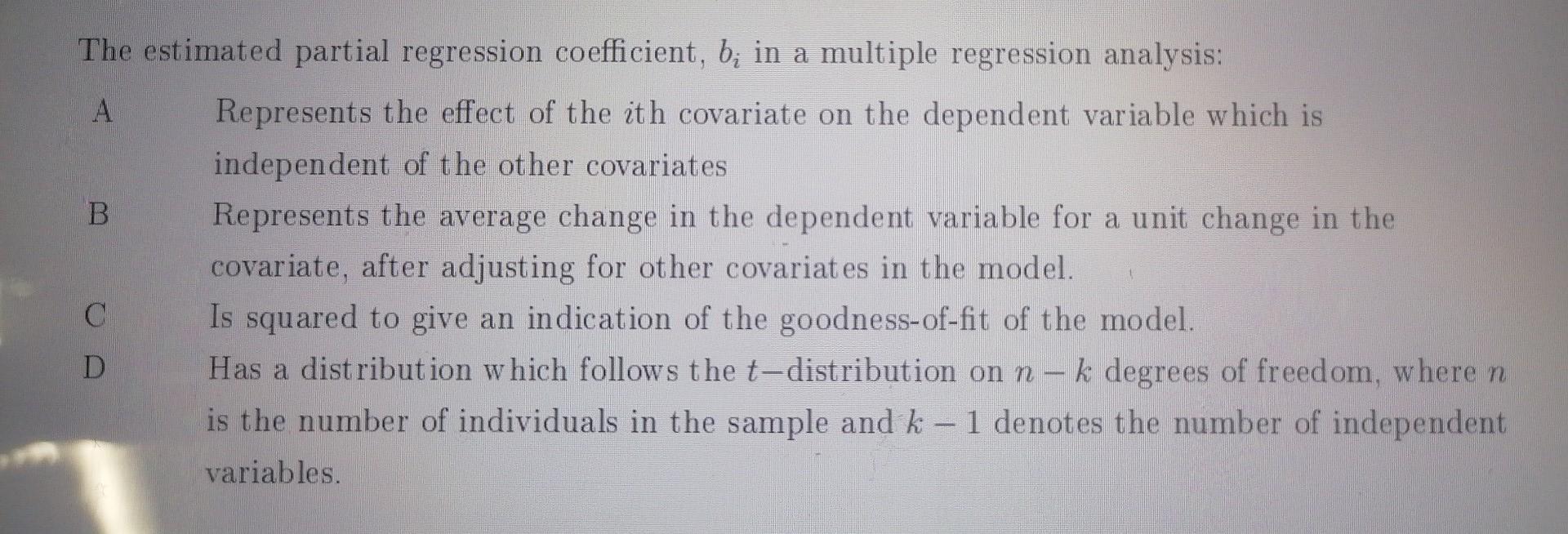 Solved The estimated partial regression coefficient, bi in a | Chegg.com