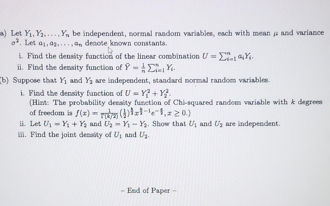 Solved Let Y1,Y2,…,Yn be independent, normal random | Chegg.com Solved Let Y1,Y2,…,Yn be independent, normal random | Chegg.com