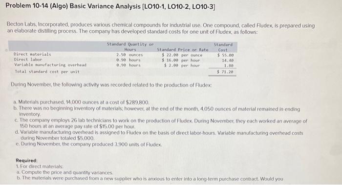 Solved Problem 10-14 (Algo) Basic Variance Analysis [LO10-1, | Chegg.com