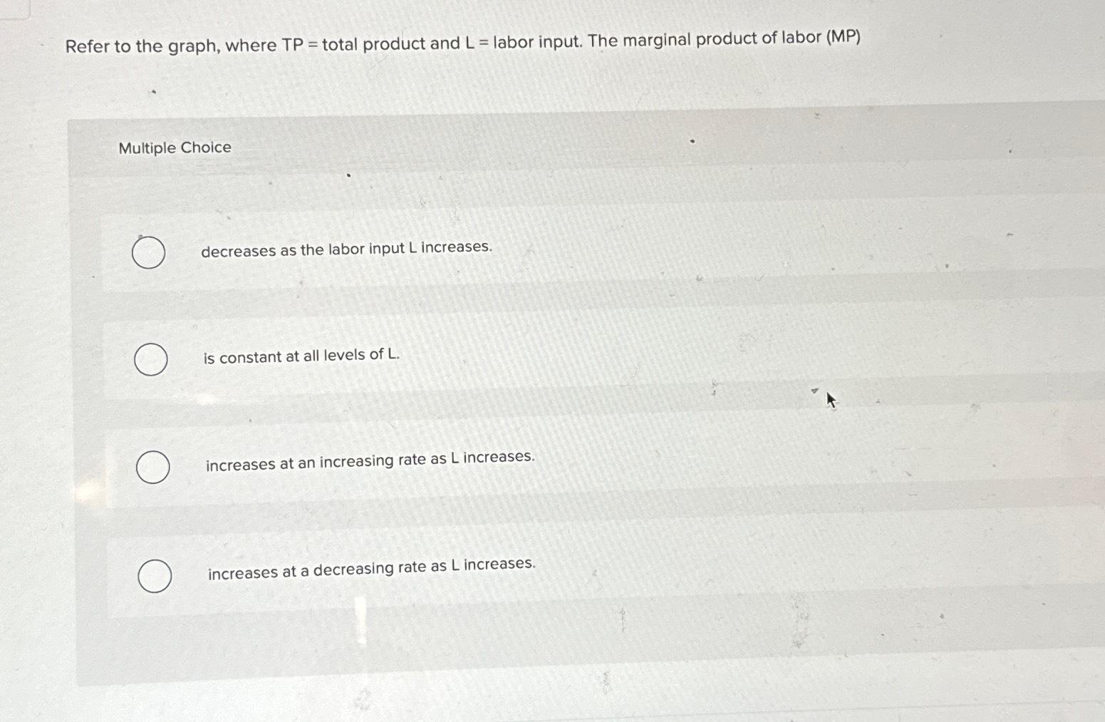 Solved Refer to the graph, where TP = ﻿total product and L= | Chegg.com