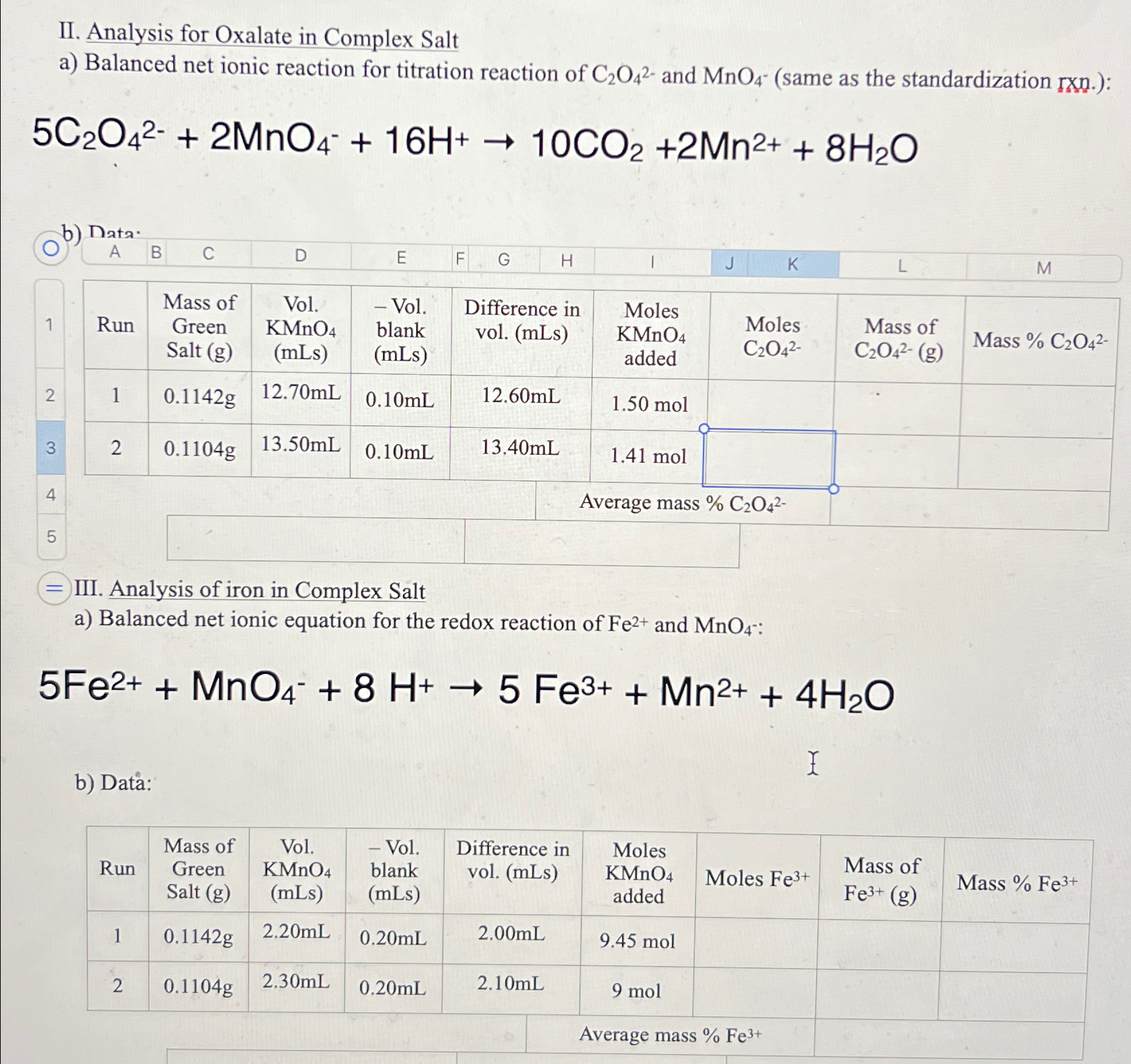 II. ﻿Analysis for Oxalate in Complex Salta) ﻿Balanced | Chegg.com