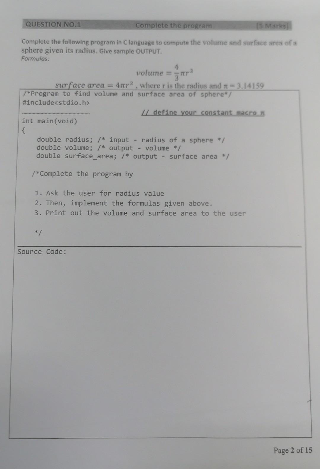 Solved QUESTION NO.1 Complete the program [5 Marks] Complete | Chegg.com