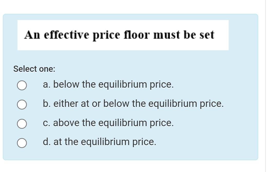Solved An effective price floor must be setSelect one:a. | Chegg.com