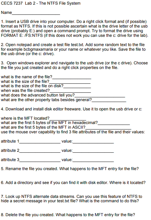 Solved CECS 7237 ﻿Lab 2 - ﻿The NTFS File | Chegg.com