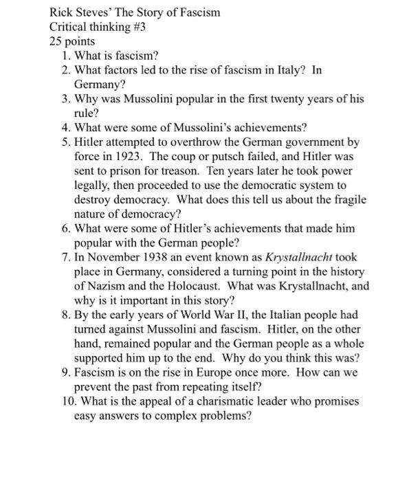 Rick Steves' The Story of Fascism Critical thinking | Chegg.com