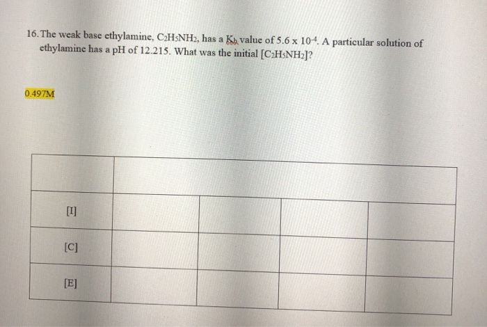 Solved 16. The weak base ethylamine, C2H5NH2, has a Ka value | Chegg.com