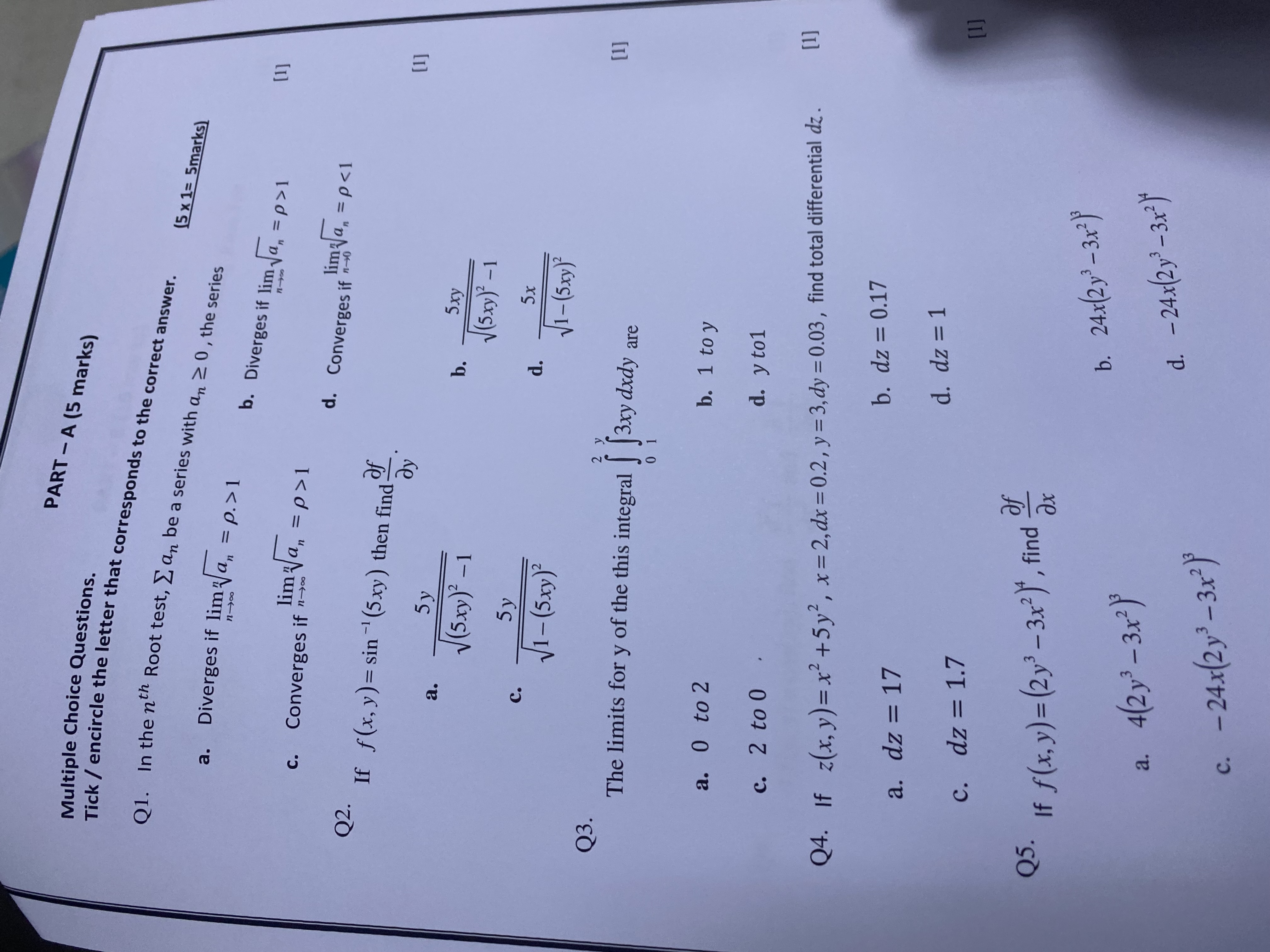 Solved PART - ﻿A (5 ﻿marks)Multiple Choice Questions.Tick / | Chegg.com