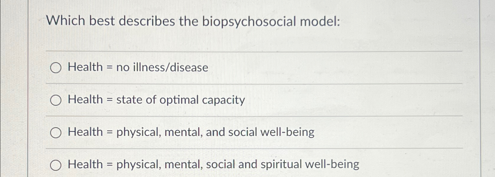 Solved Which best describes the biopsychosocial model:Health | Chegg.com