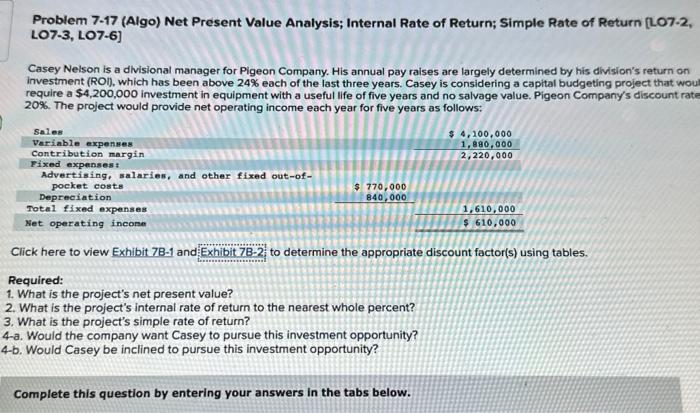 Solved Problem 7.17 (Algo) Net Present Value Analysis; | Chegg.com