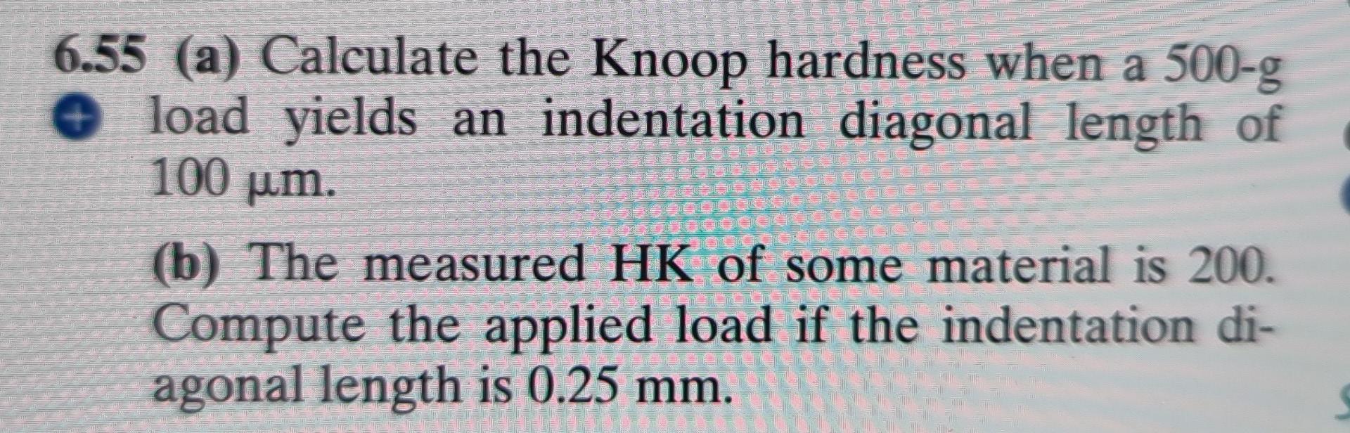 Solved 6.55 (a) Calculate the Knoop hardness when a 500-g | Chegg.com