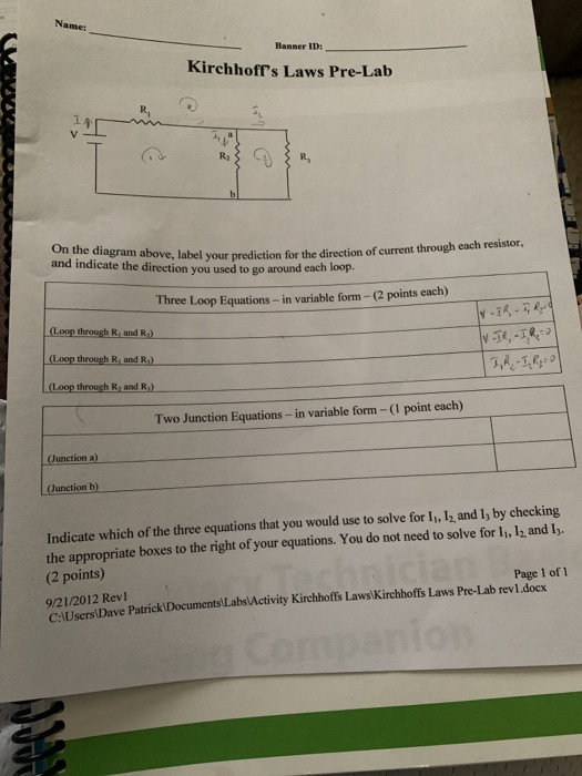 Solved Banner ID: Kirchhoff's Laws Pre-Lab On the diagram | Chegg.com