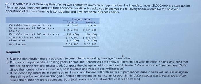 Solved Arnold Vimka is a venture capitalist facing two | Chegg.com