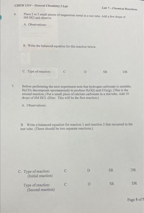 Solved CHEM 1314 -General Chemistry I Lab Lab 7 -Chemical | Chegg.com