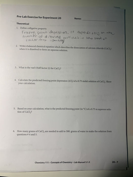 Solved Pre-Lab Exercise for Experiment 20 Name: Theoretical | Chegg.com