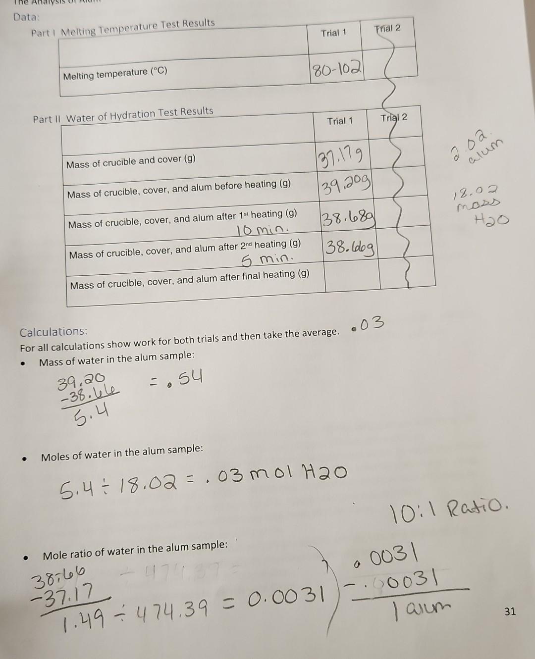 Solved Post Lab Questions: 1. Is your sample alum? Use the | Chegg.com