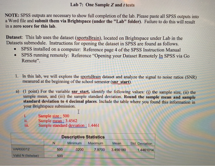 Lab 7: One Sample Z and 1 tests NOTE: SPSS outputs | Chegg.com