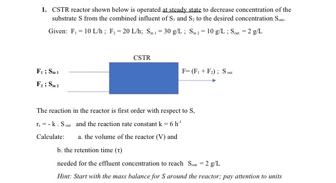 Solved 1. CSTR reactor shown below is operated at steady | Chegg.com