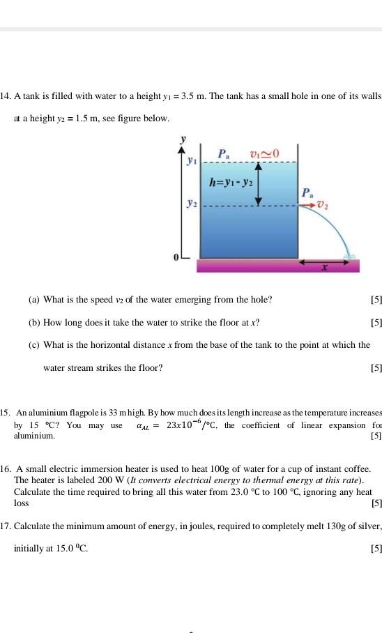 Solved 14. A tank is filled with water to a height yı = 3.5 | Chegg.com