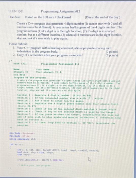 Solved ELEN 1301 Programming Asxignment :12 Due date: Posted | Chegg.com